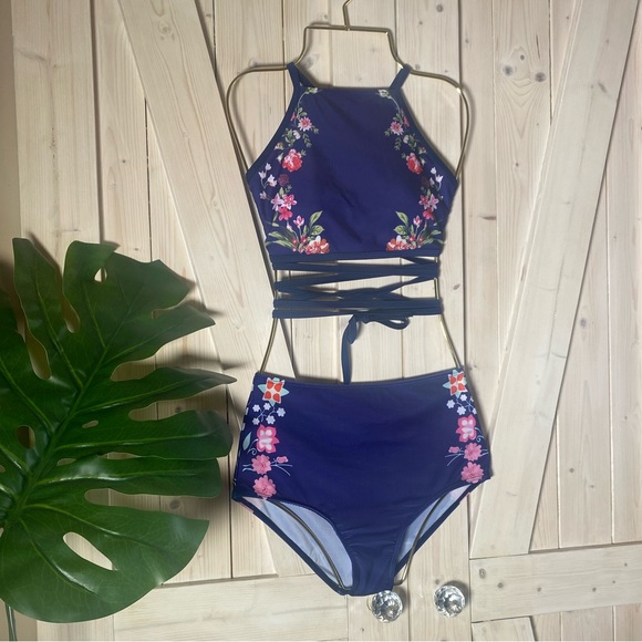 Swim | La Bamba In Navy Petite Halter Wrap Two Piece Blue Swimsuit Pink ...